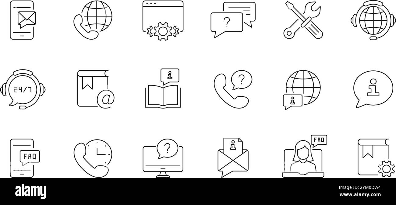 Customer Support Tools Line Icon Set. Global Communication, FAQ, Online ...