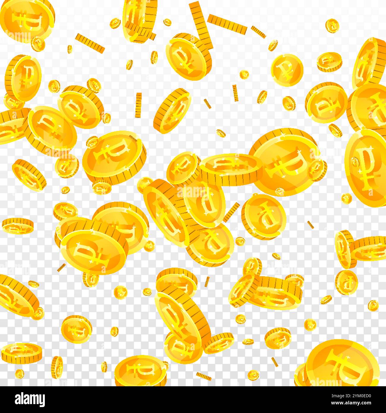 Russian ruble coins falling. Scattered gold RUB coins. Russia money ...