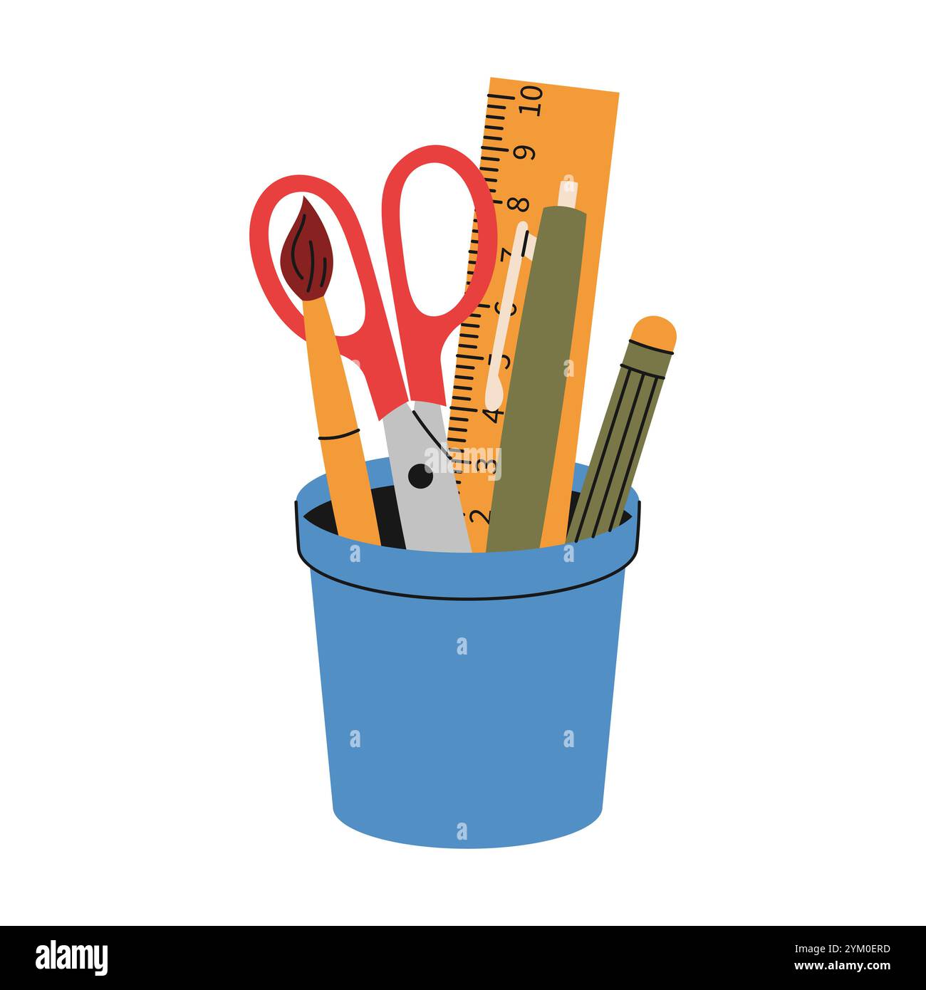 Plastic cup with school supplies. Scissor, pen, pencil, ruler, brush ...