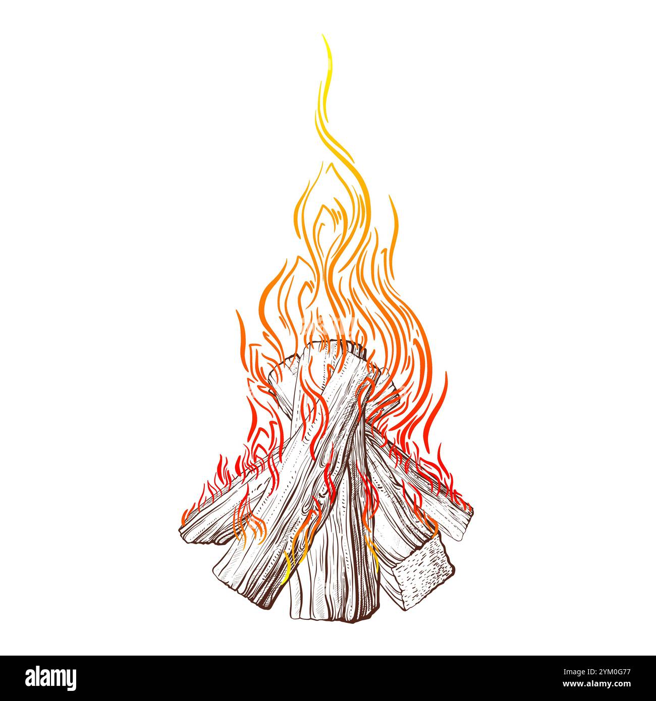 Campfire, burning fire, bonfire with firewood. Vector texture hand ...