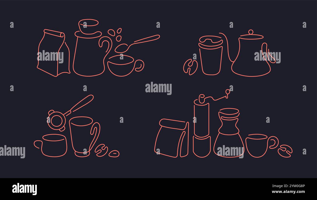 Collection of different cups, coffee maker, drip kettle and aroma beans ...