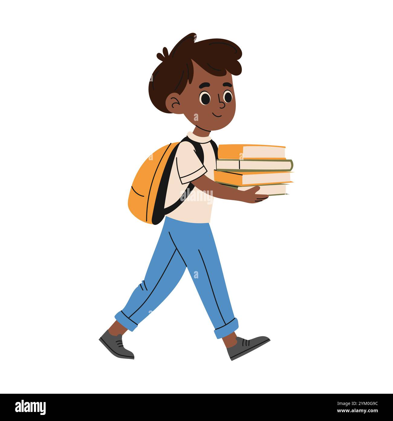 Elementary school kid boy with school bag and books go to school ...