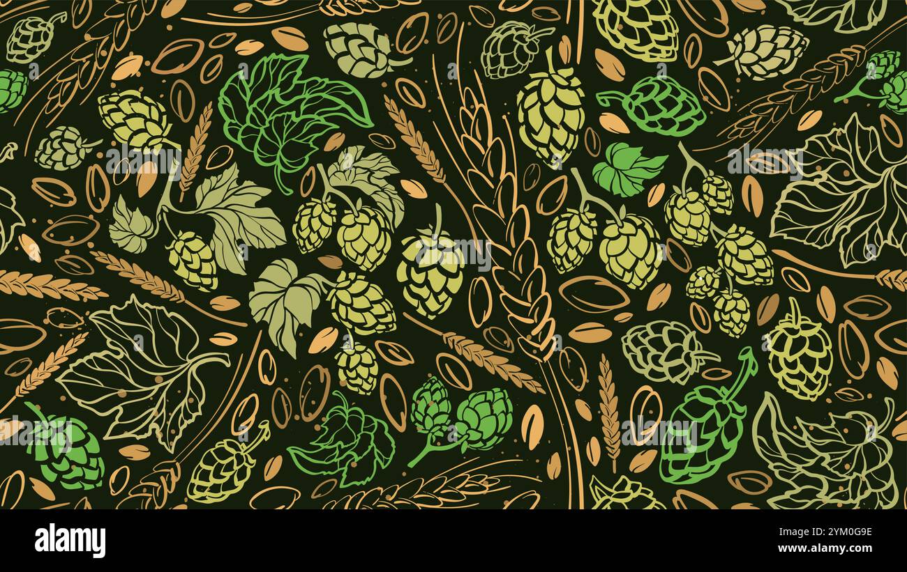Green hops and malt print. Vintage beer endless background. Sketch of ...