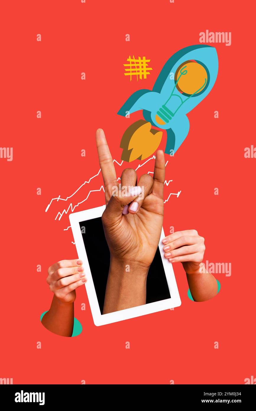 Vertical photo collage of hands show horns gesture peek ereader device ...