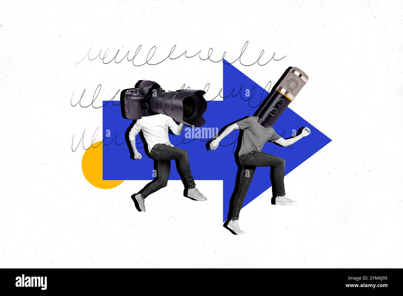 Banner picture collage of unusual weird personage journalist running ...