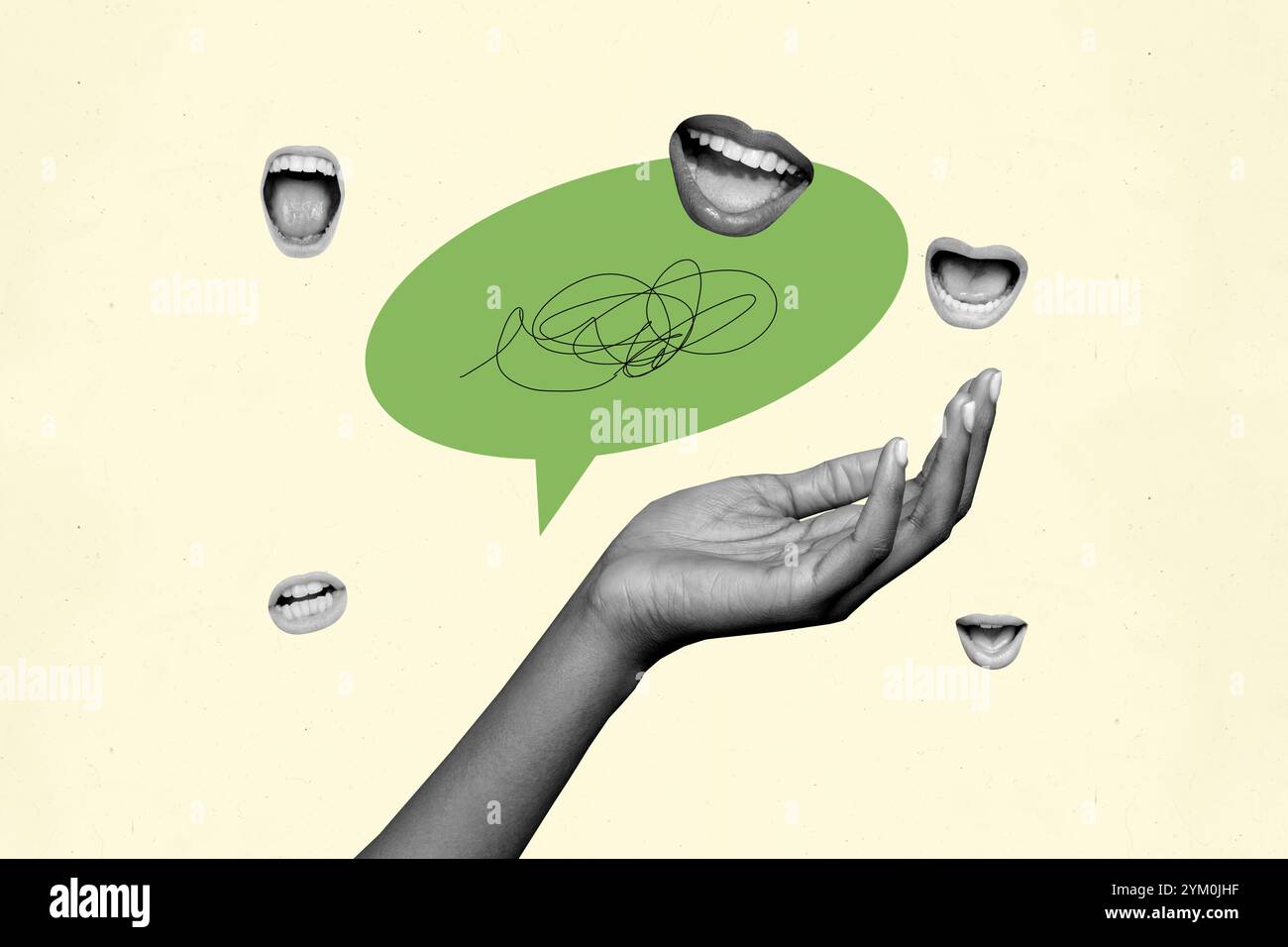 Composite photo collage of hand show bubble scribble mouth smile ...