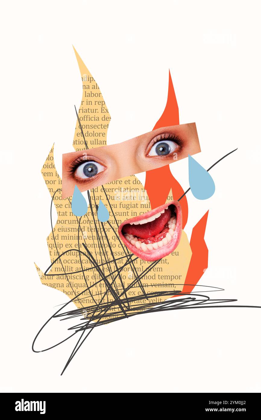 Vertical photo collage of headless female eyes screm mouth depression ...