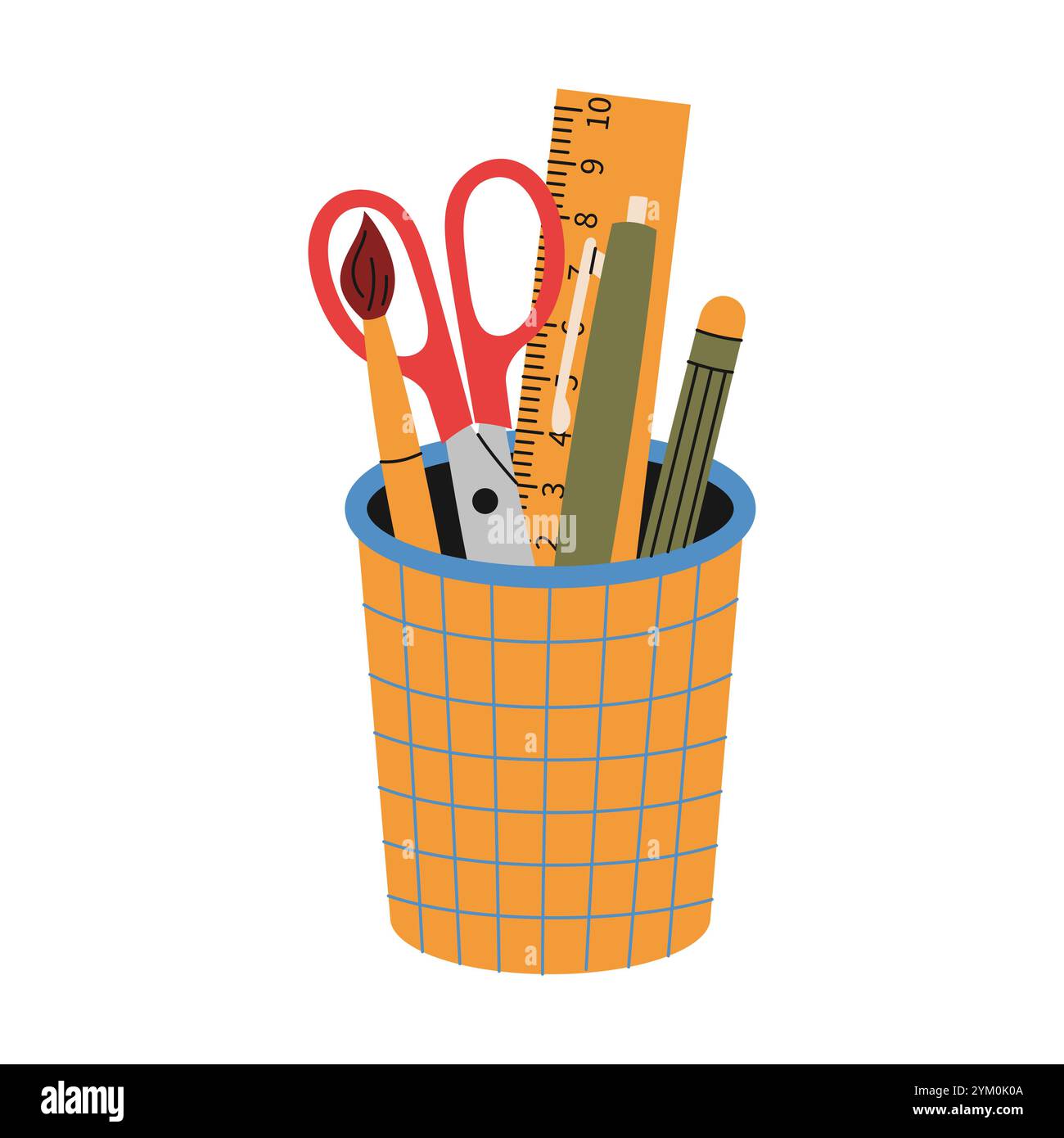 Stationery container with school supplies. Scissor, pen, pencil, ruler ...