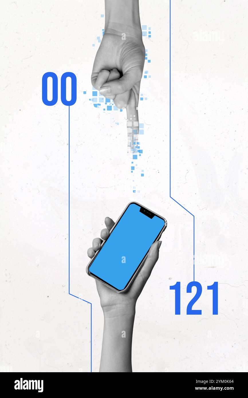 Vertical photo collage of hand point phone screen device matrix element ...