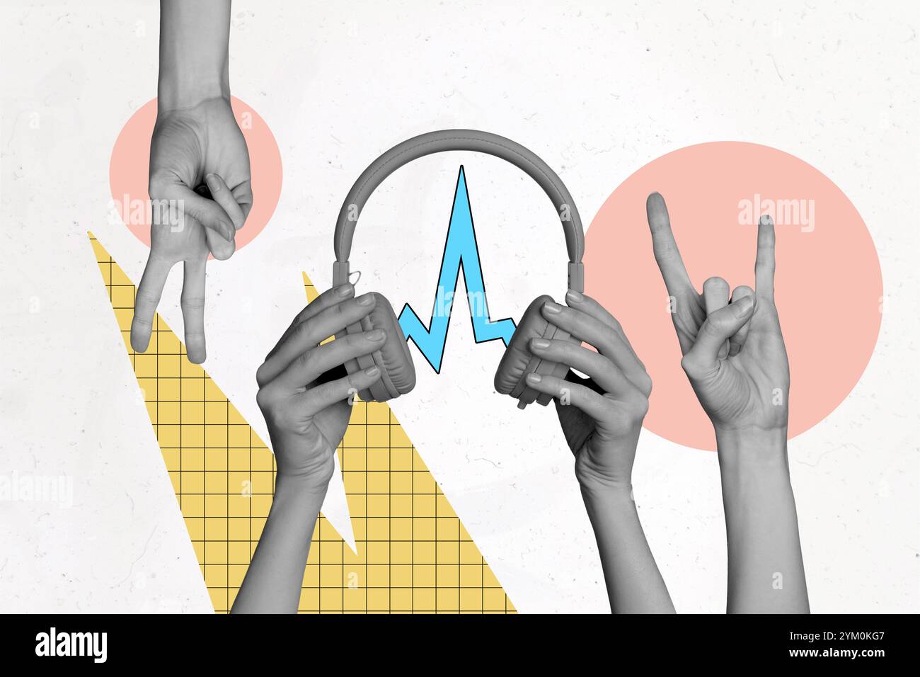 Composite photo collage of hands show two fingers hello gesture heavy ...