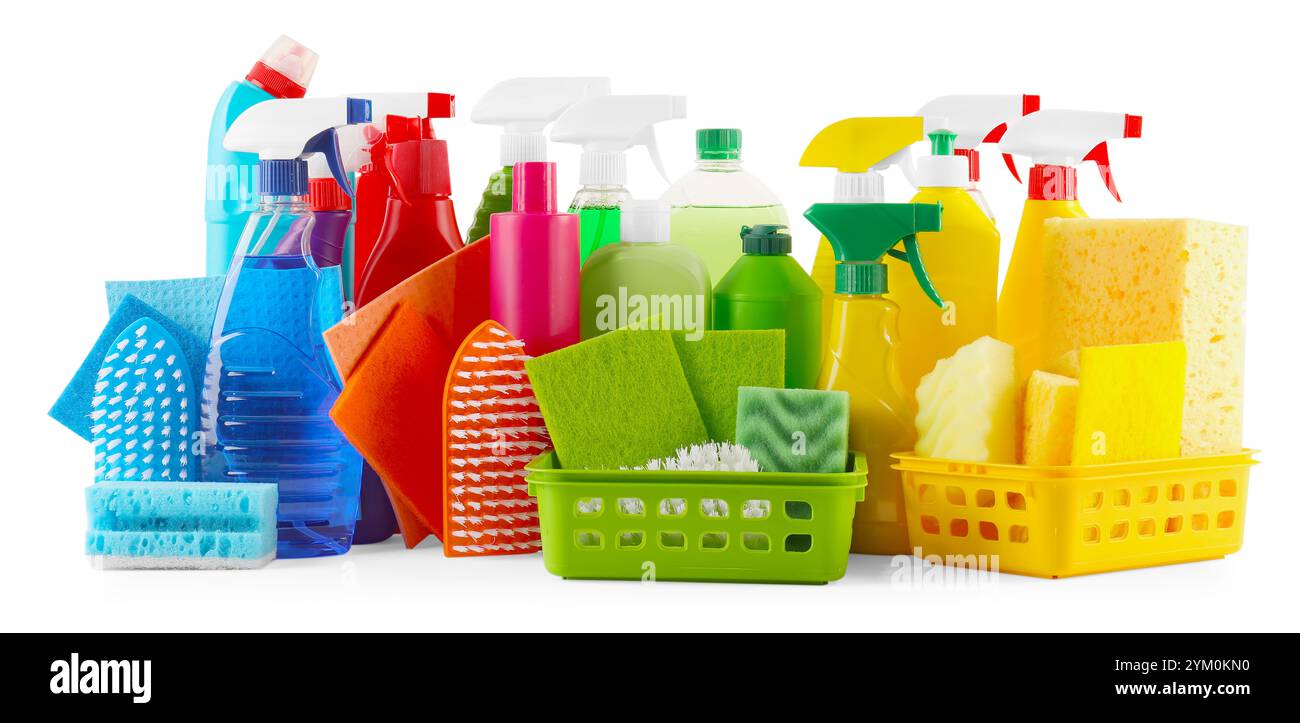 Set of different cleaning products isolated on white Stock Photo - Alamy