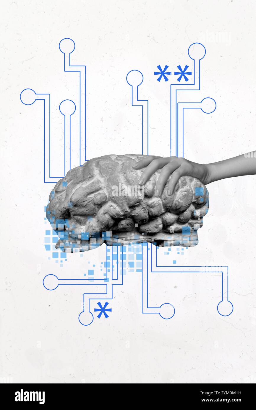 Vertical photo collage of hand touch brain organ thought contemplation ...