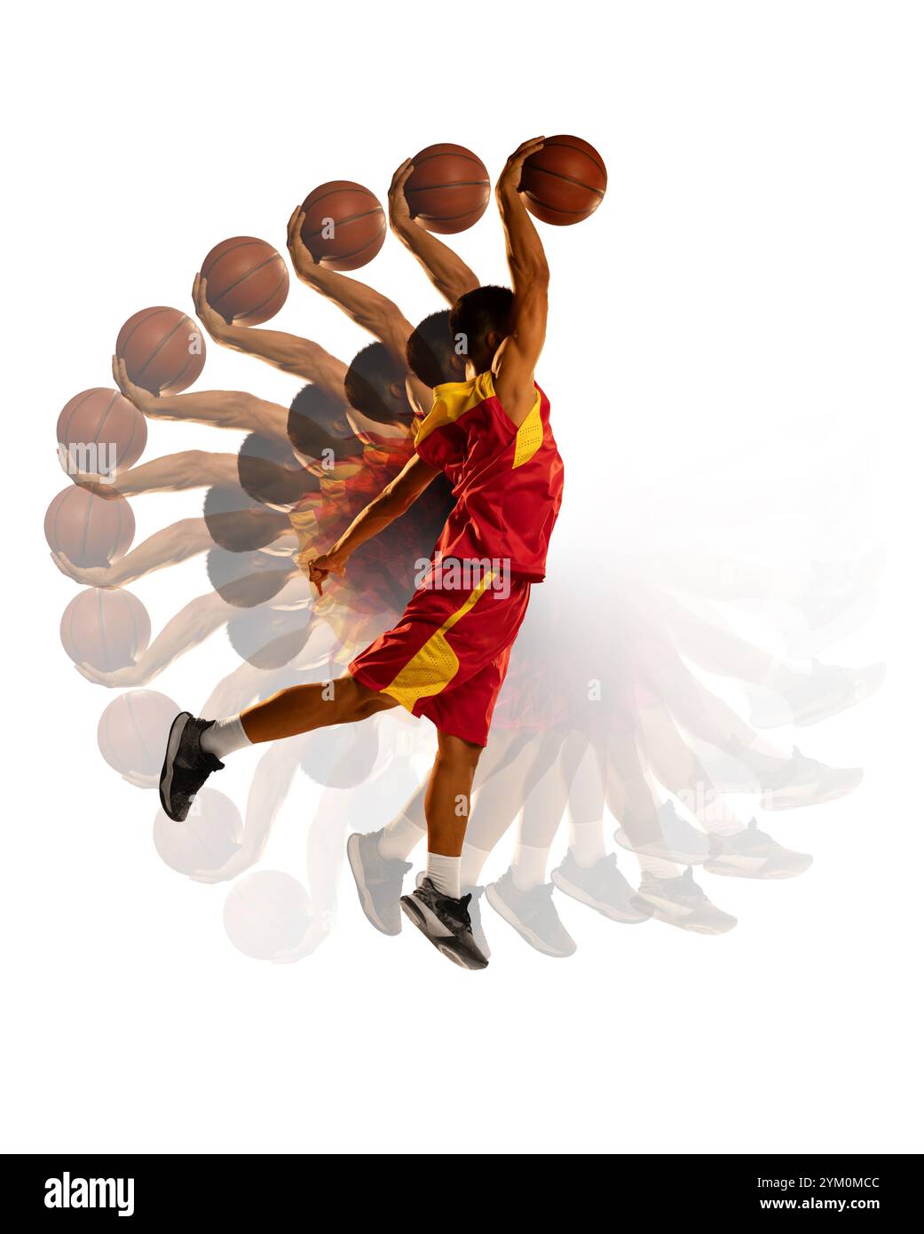 Dynamic photo of basketball player in red and yellow uniform performing ...