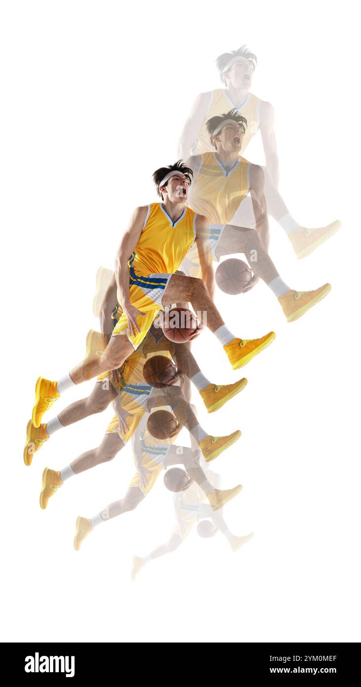 Basketball player in yellow uniform captured in motion sequence while ...