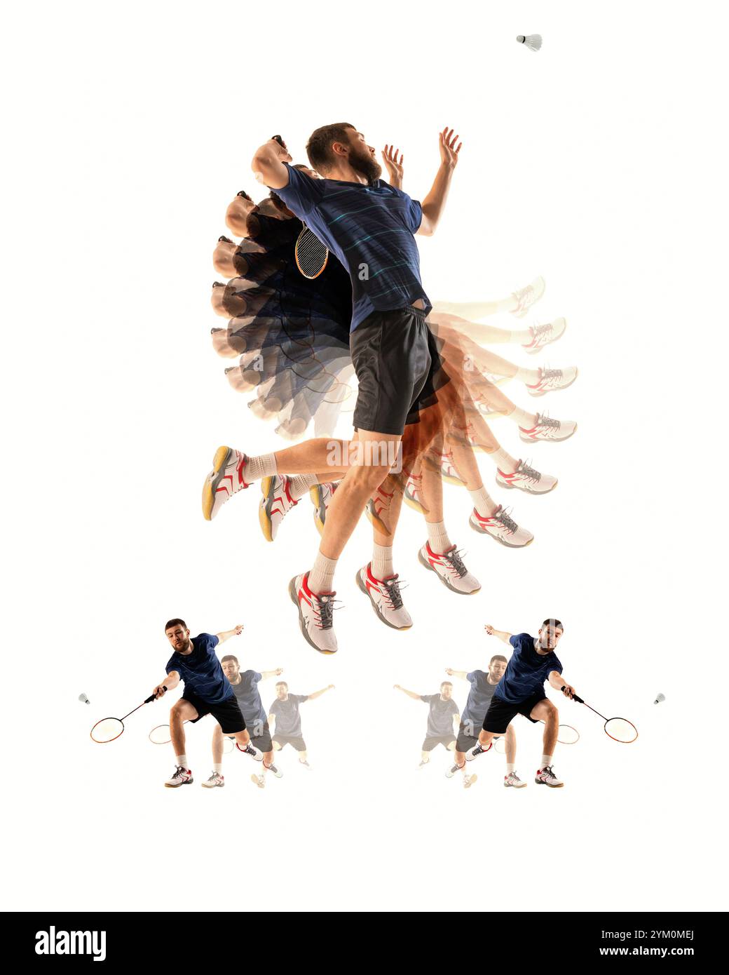 Badminton player captured mid-smash in series of motion overlays ...