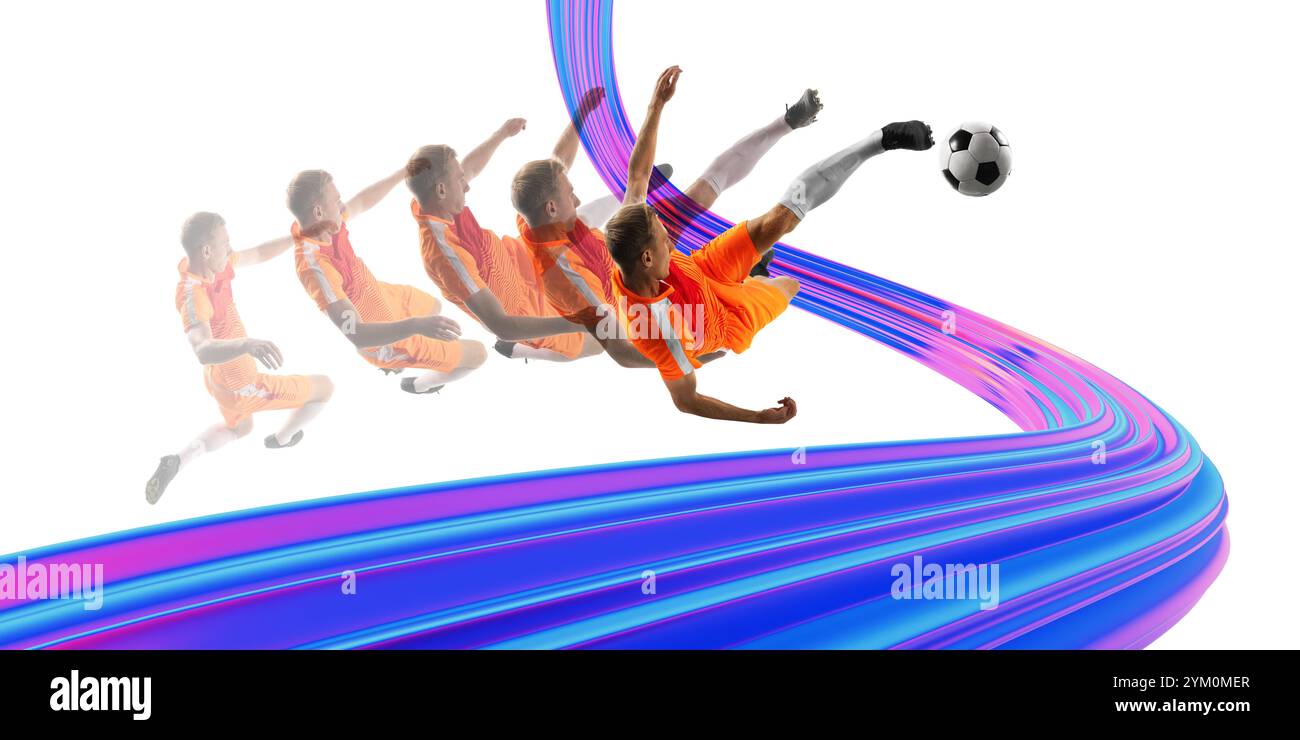 Soccer player dives mid-air for kick, followed by vibrant blue and ...