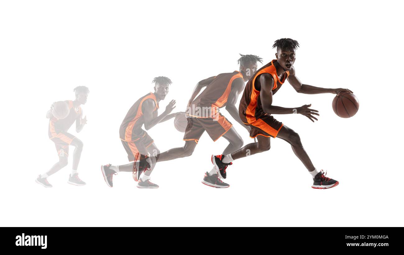 Basketball player in orange uniform performing dynamic dribble ...