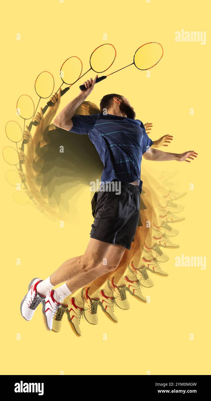 Badminton player captured mid-air during smash, highlighted with motion ...