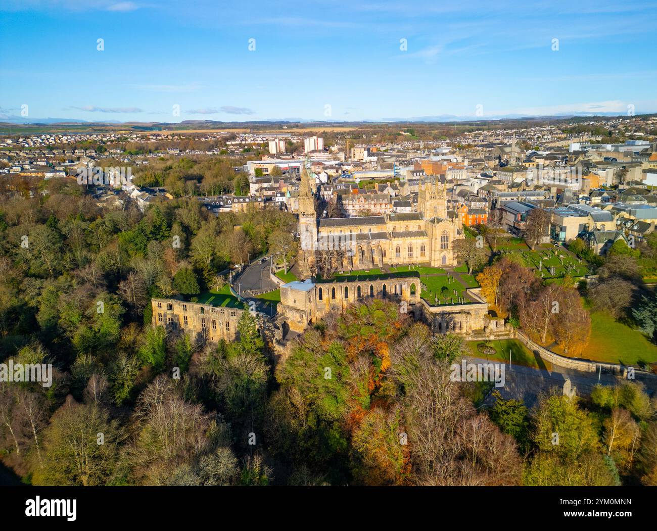 Aerial view from drone of Dunfermline Abbey and Pittencrieff Park ...