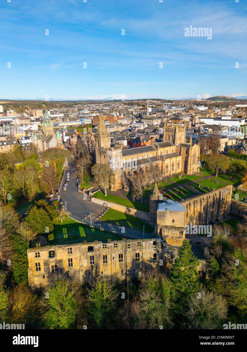 Aerial view from drone of Dunfermline Abbey and Pittencrieff Park ...