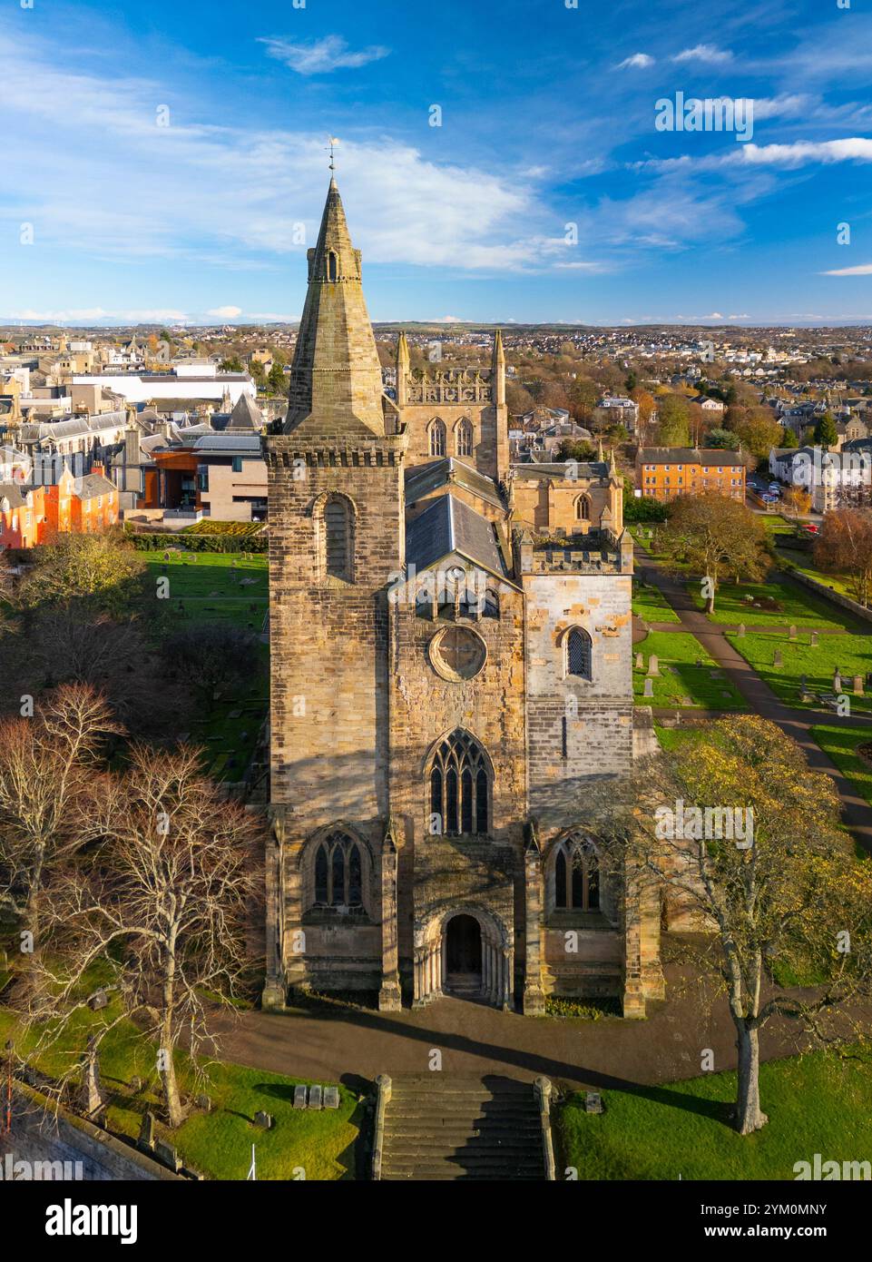 Aerial view from drone of Dunfermline Abbey, Dunfermline, Fife ...
