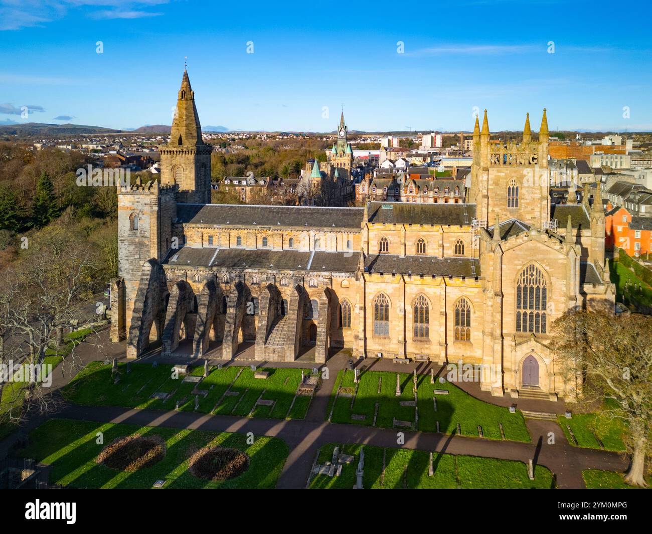 Aerial view from drone of Dunfermline Abbey, Dunfermline, Fife ...
