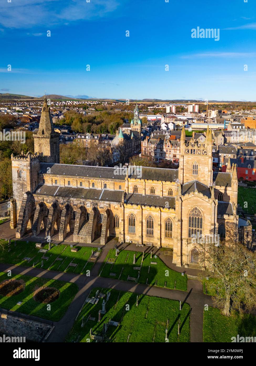 Aerial view from drone of Dunfermline Abbey, Dunfermline, Fife ...
