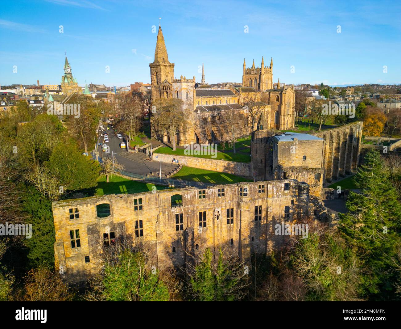 Aerial view from drone of Dunfermline Abbey, Dunfermline, Fife ...