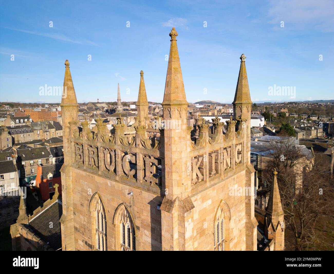 Aerial view from drone of Dunfermline Abbey, Dunfermline, Fife ...