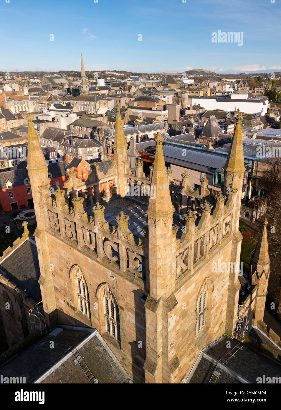 Aerial view from drone of Dunfermline Abbey, Dunfermline, Fife ...