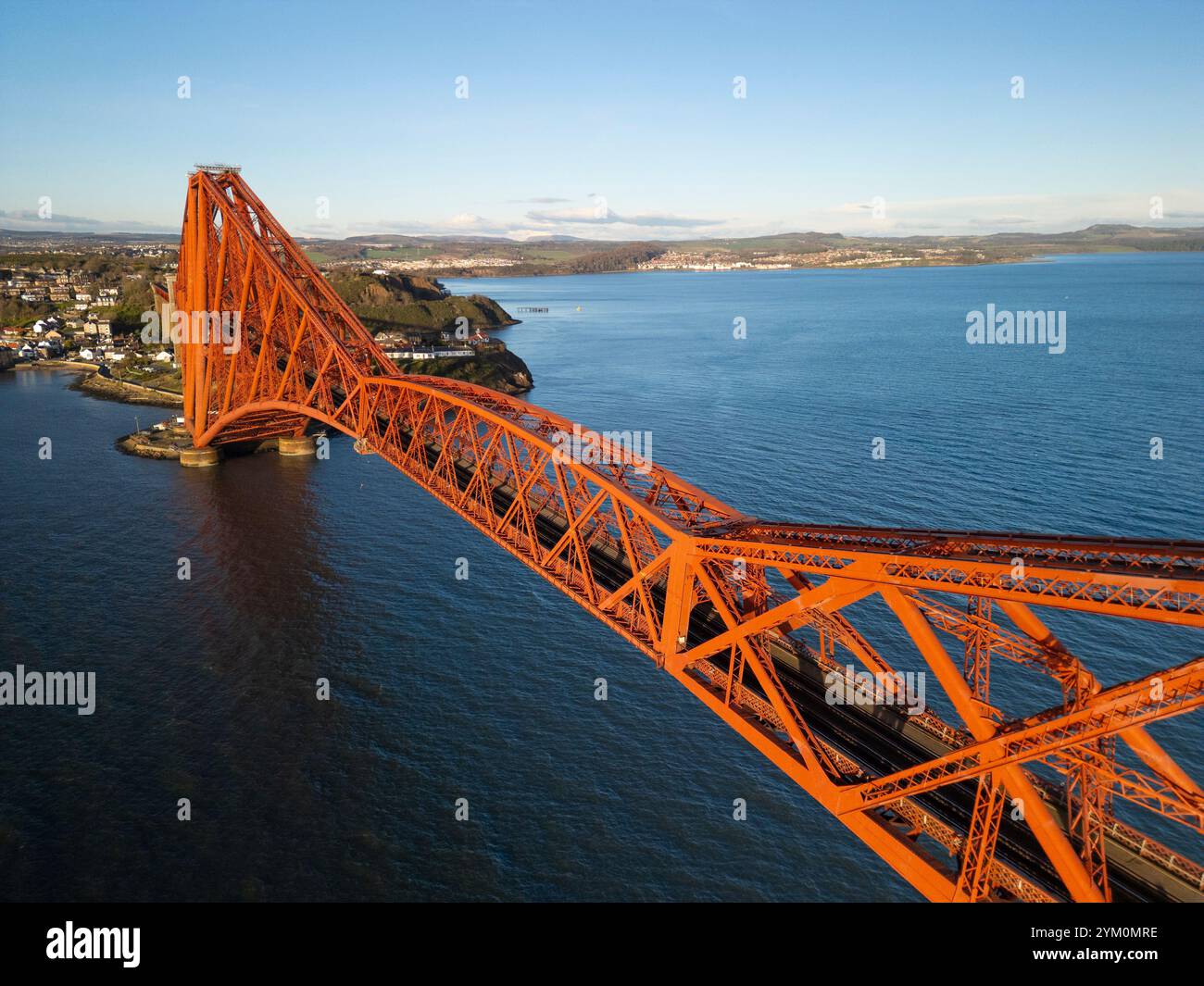 Aerial view from drone of the Forth Bridge (rail bridge) crossing Firth ...