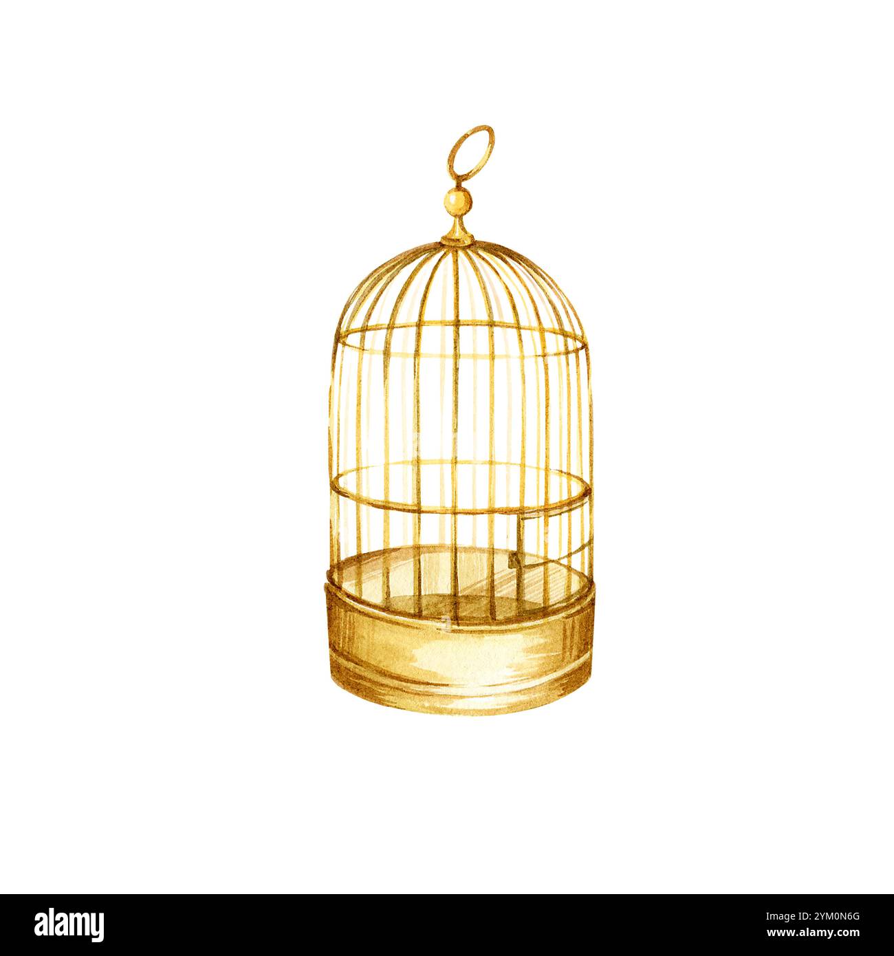 watercolor golden vintage bird cage, hand drawn antique metal gold ...
