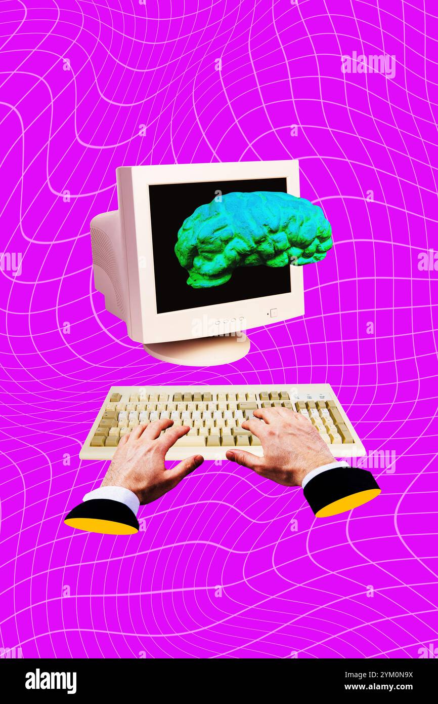 Vertical photo collage of hands type computer keyboard brain icon ...