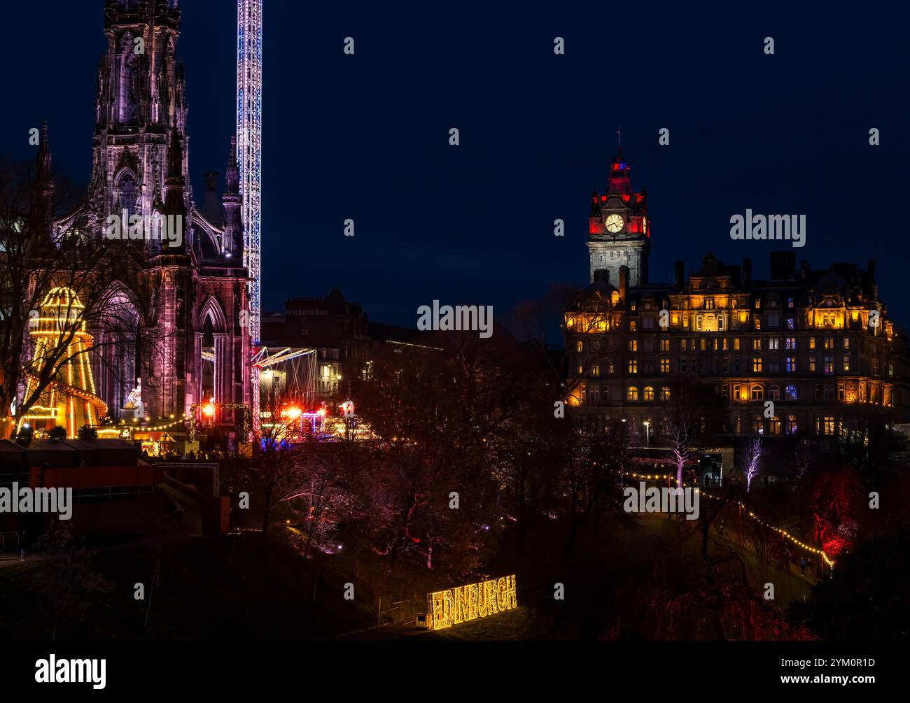 Scott monument and Balmoral Hotel clock tower lit up at night at ...