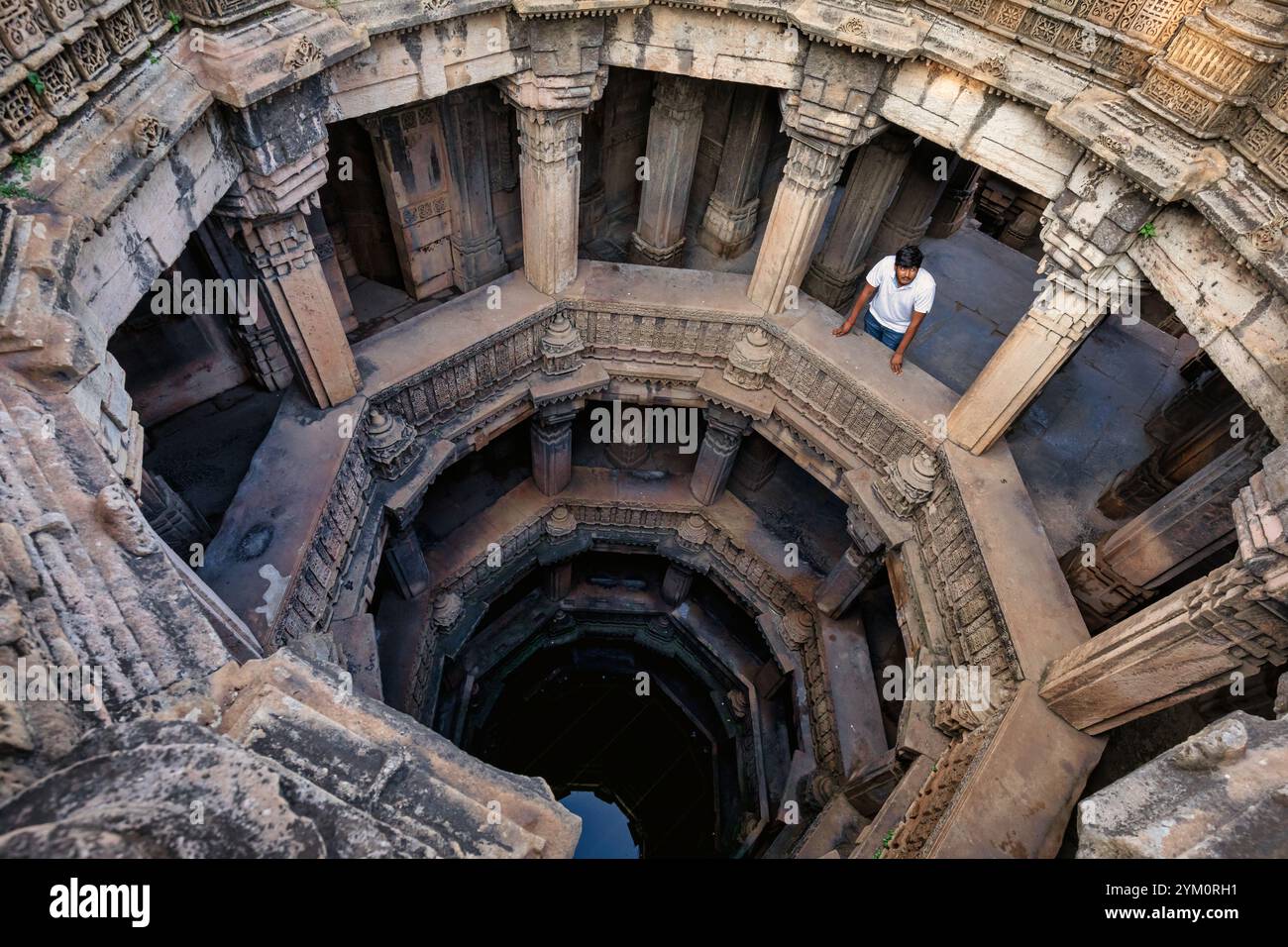 A man looking at the Dada Harir Stepwell, Ahmedabad, Gujarat, India ...