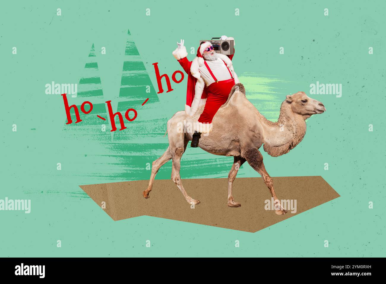 Artwork collage picture of excited aged santa ride camel listen music ...