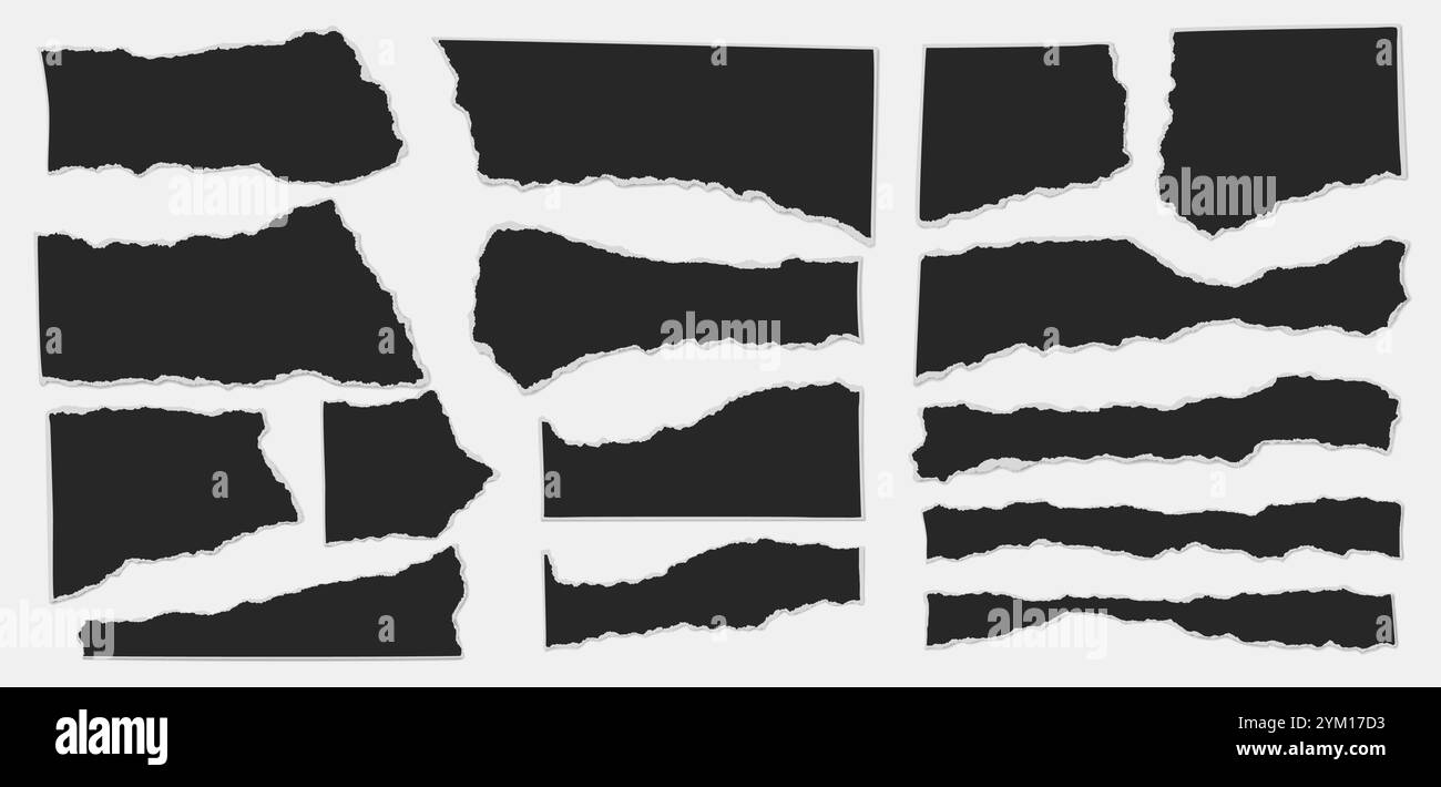 Set of torn black note paper pieces with soft shadow are on white ...