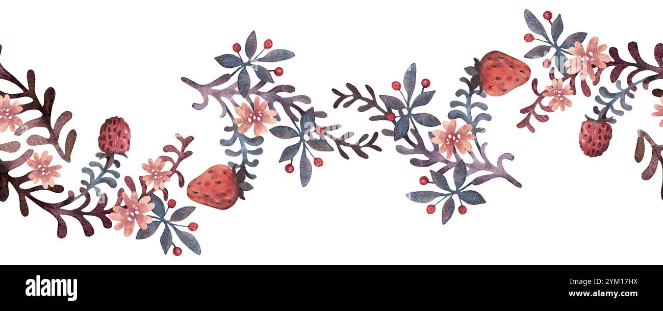 Strawberry, raspberry and flowers seamless watercolor border. Hand ...