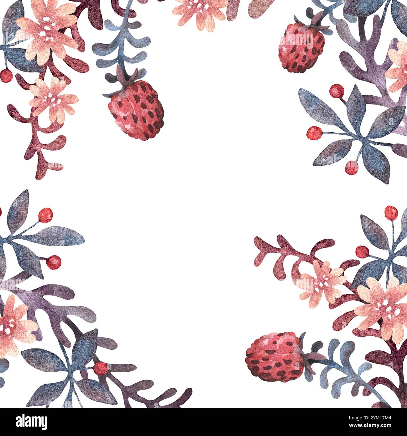 Raspberry watercolor frame. Hand drawn doodle ornamental border with ...