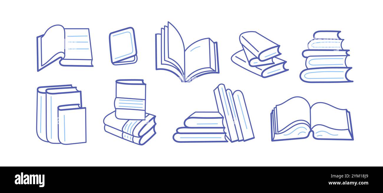 Open and closed books line sketch. Graphic collection isolated on white ...