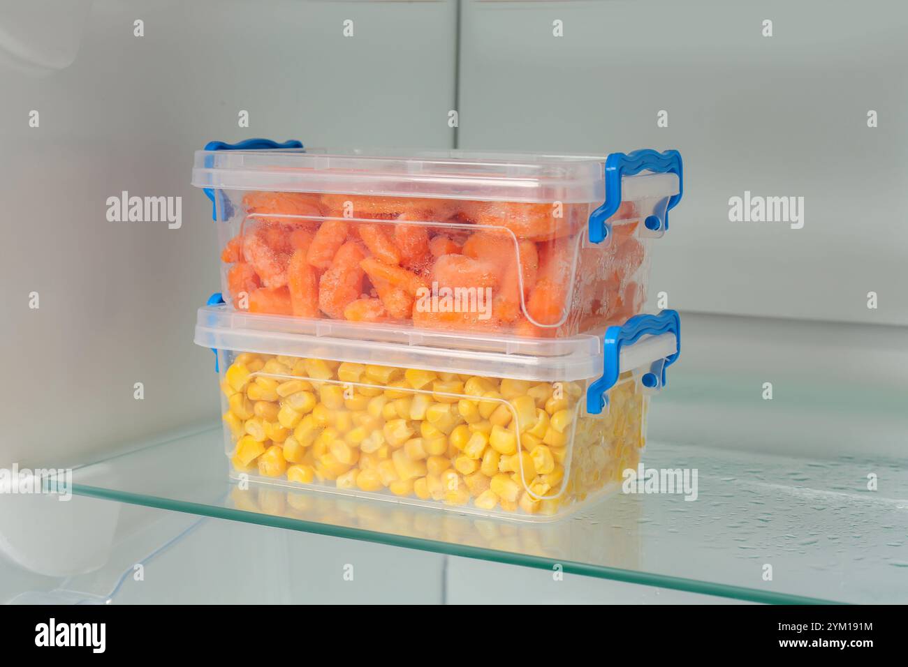 Plastic containers with different frozen vegetables in refrigerator ...