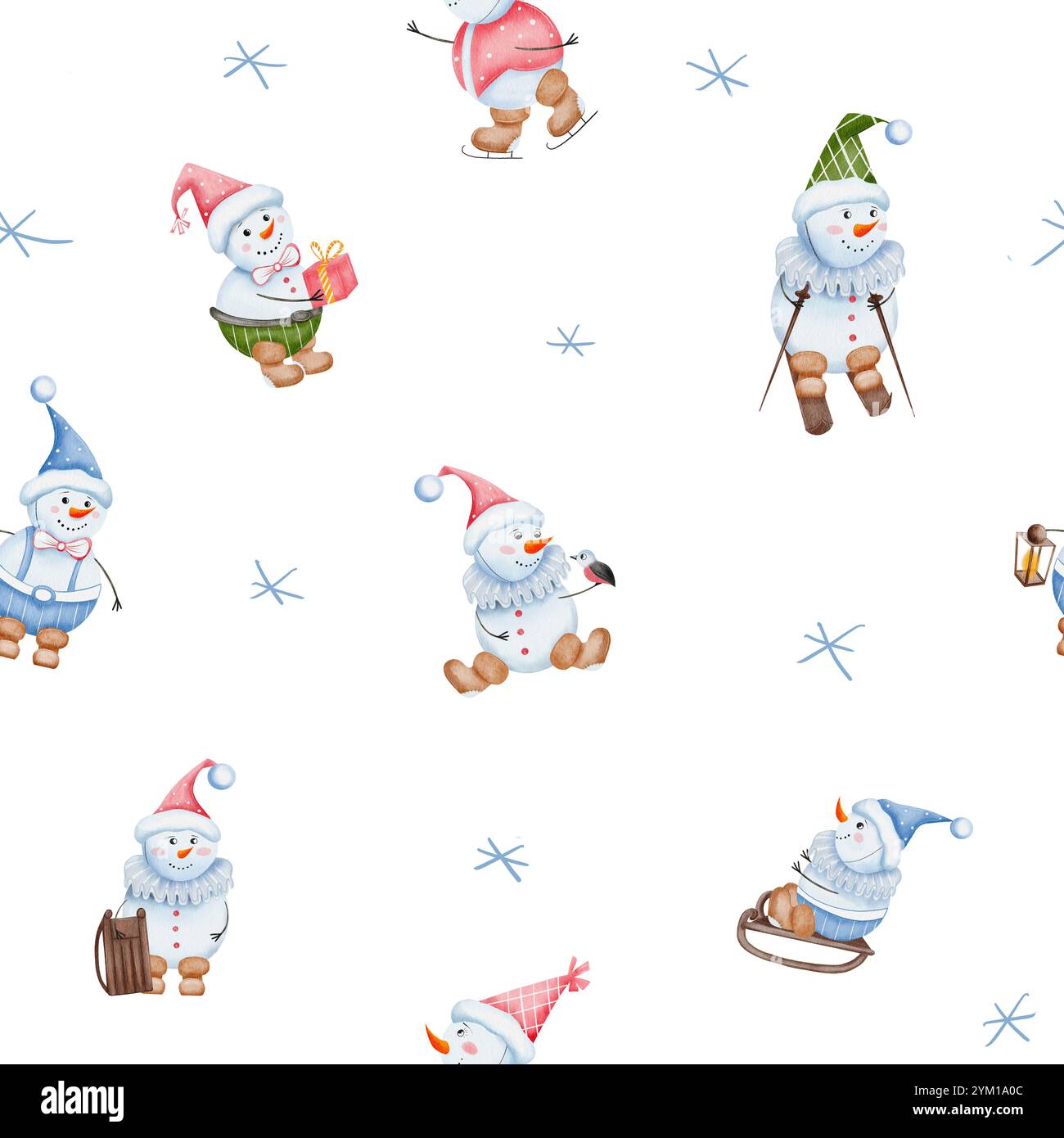 Christmas seamless pattern with cute snowmen. Hand drawn watercolor ...