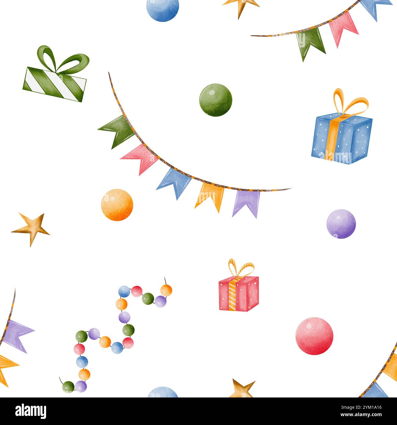 Holiday. Seamless watercolor pattern. Garland, beads, stars, gift box ...