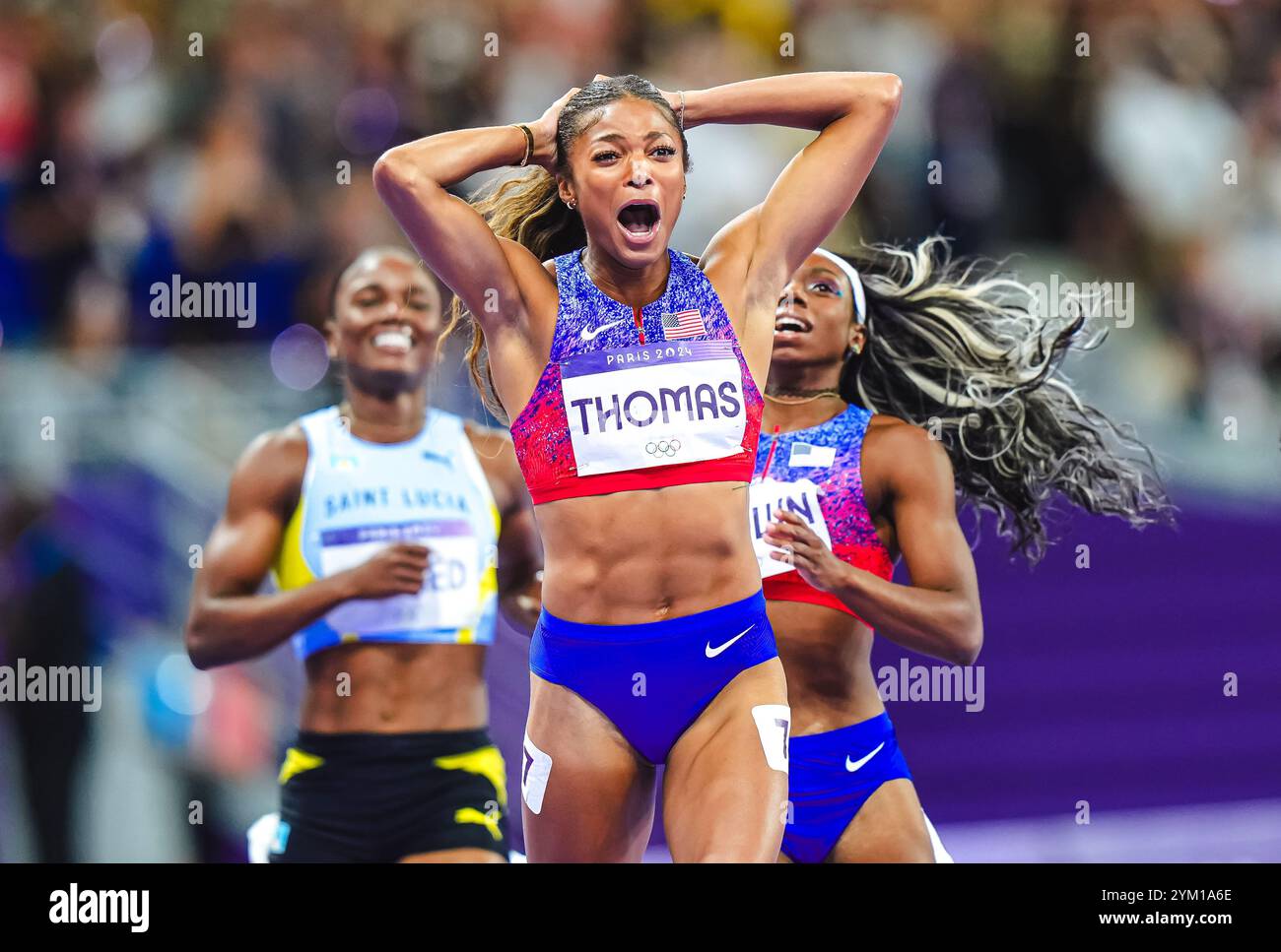 Gabrielle Thomas winning in the 200 meters relay at the Paris 2024 ...