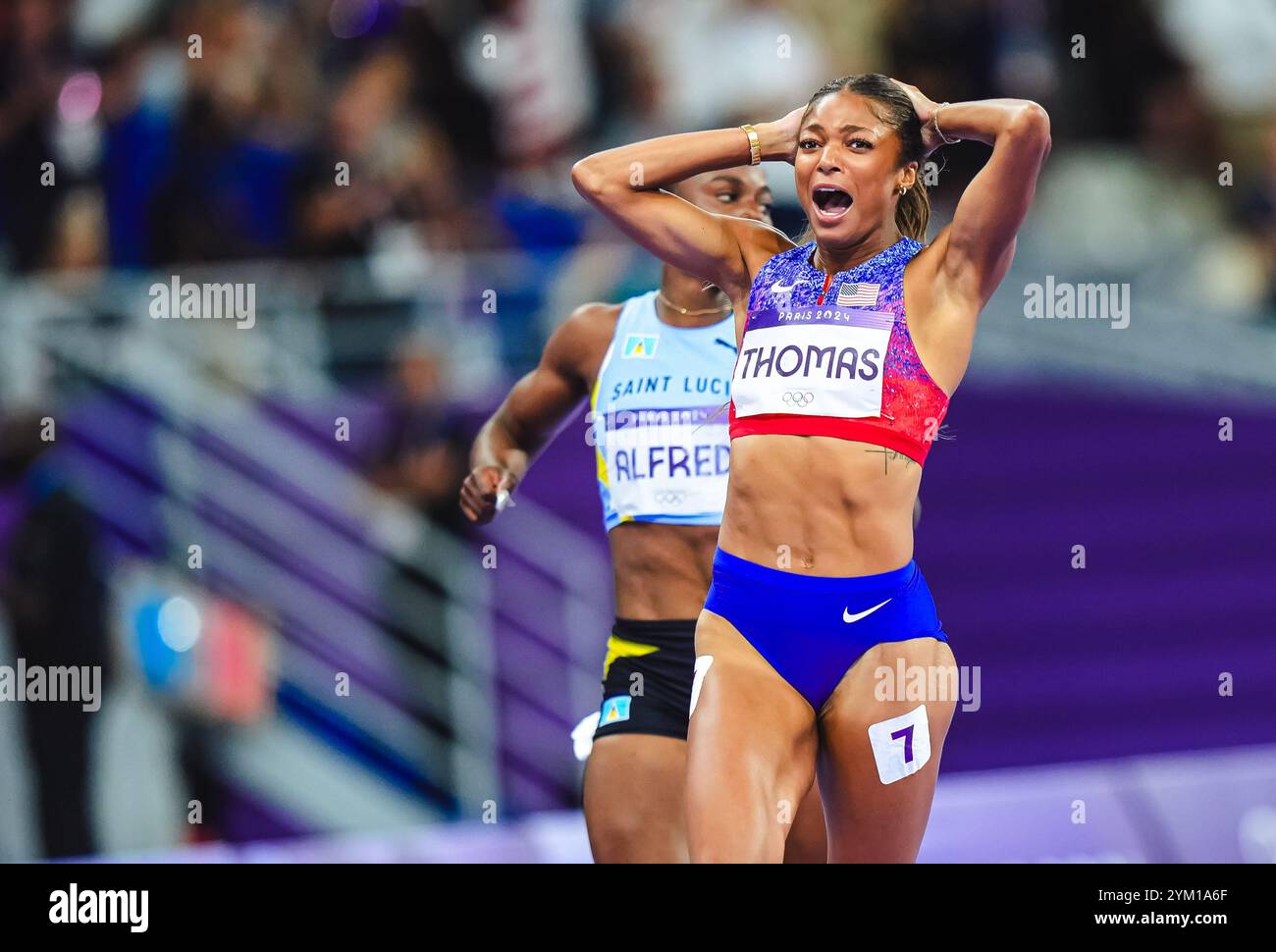 Gabrielle Thomas winning in the 200 meters relay at the Paris 2024 ...