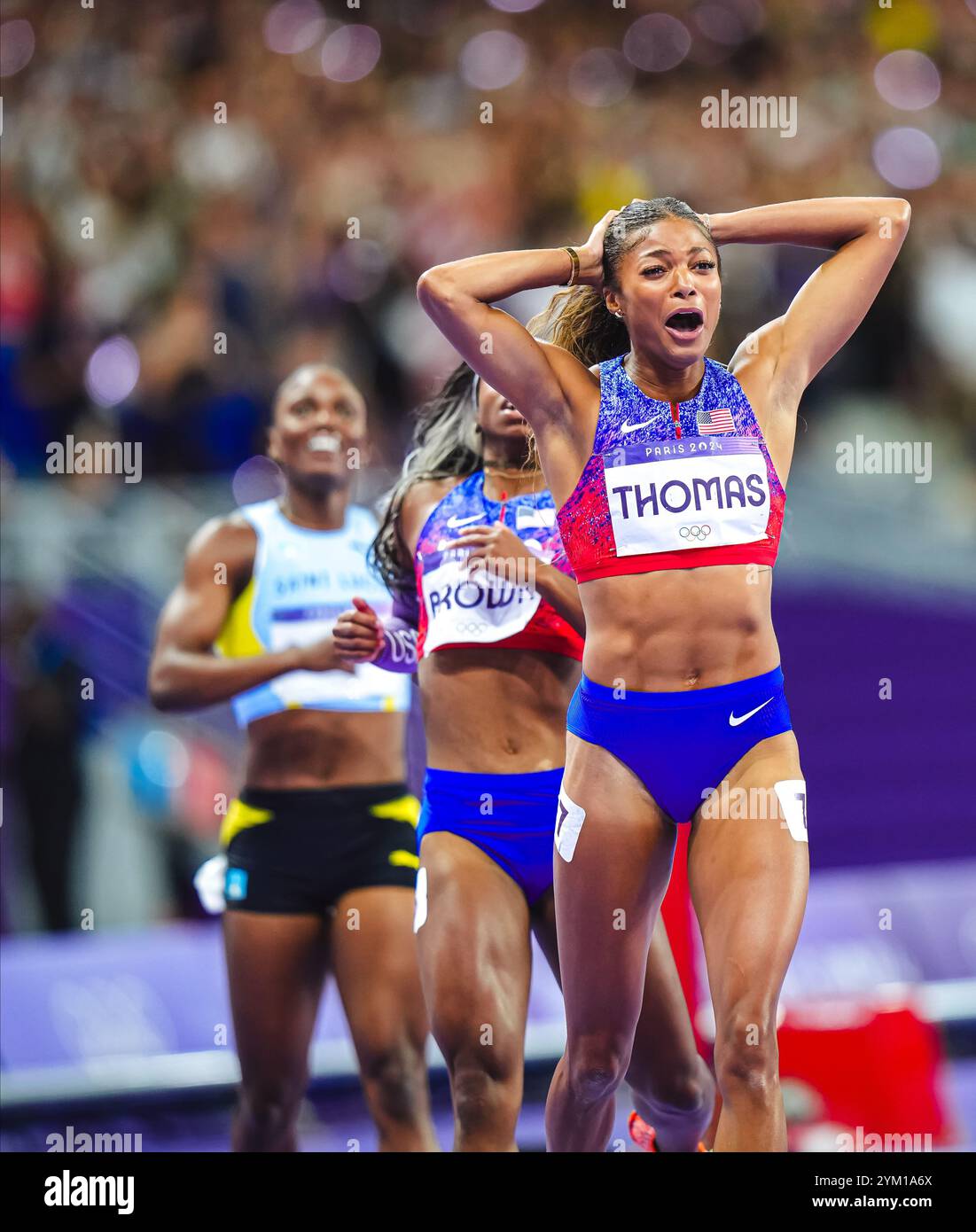 Gabrielle Thomas winning in the 200 meters relay at the Paris 2024 ...