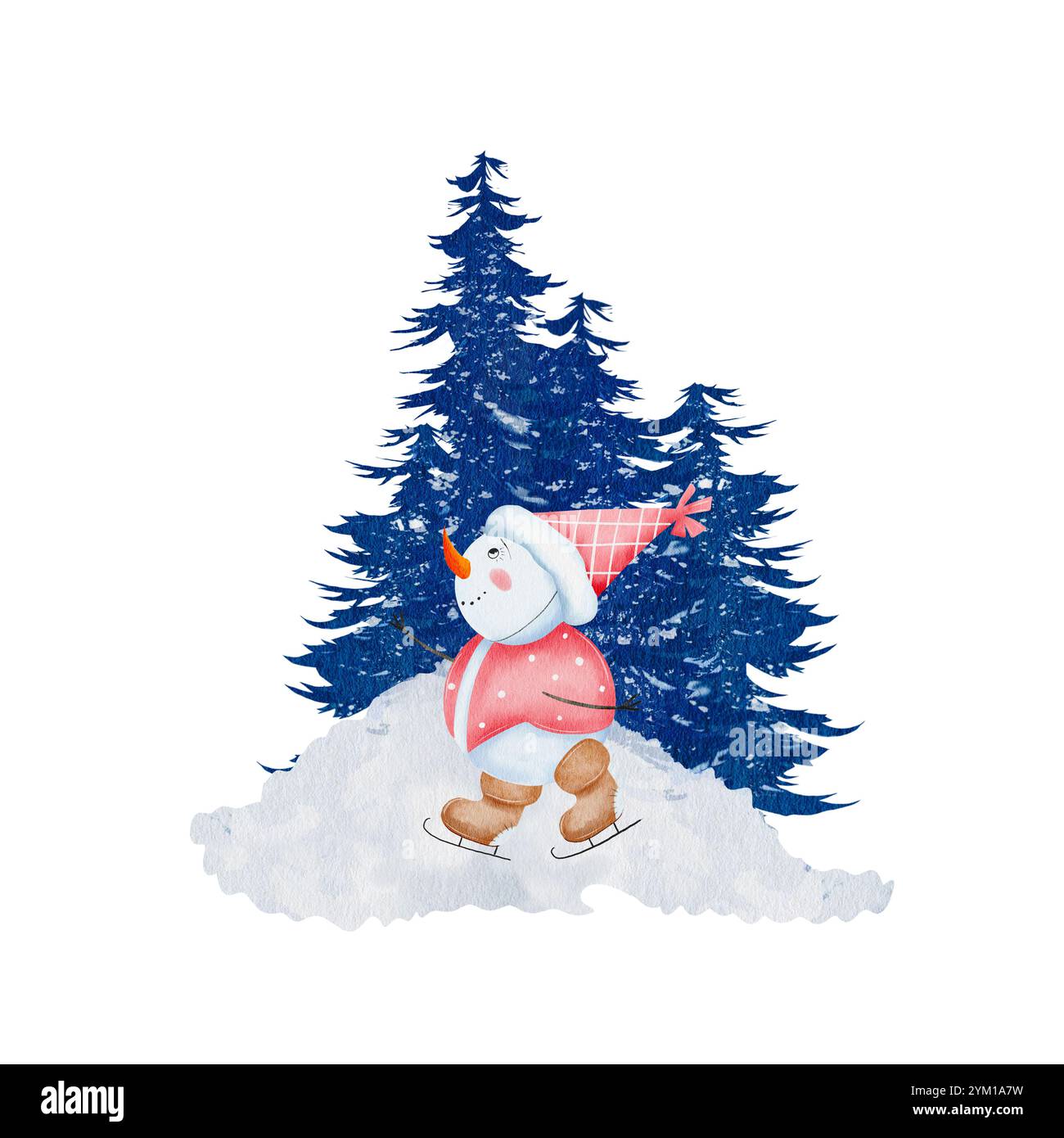 Snowman ice skating. Winter illustration with nature elements. Blue ...