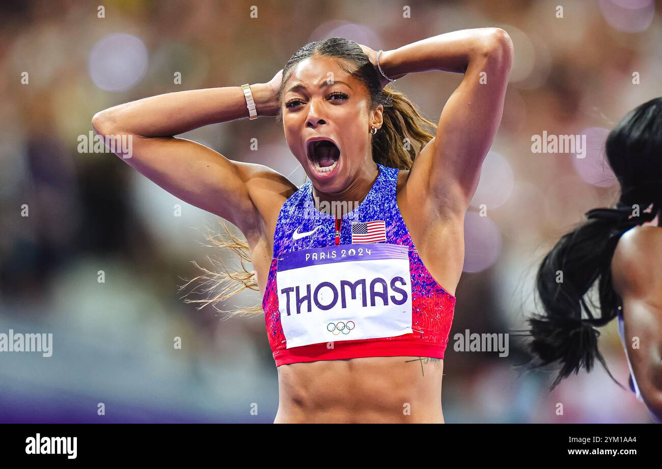 Gabrielle Thomas winning in the 200 meters relay at the Paris 2024 ...