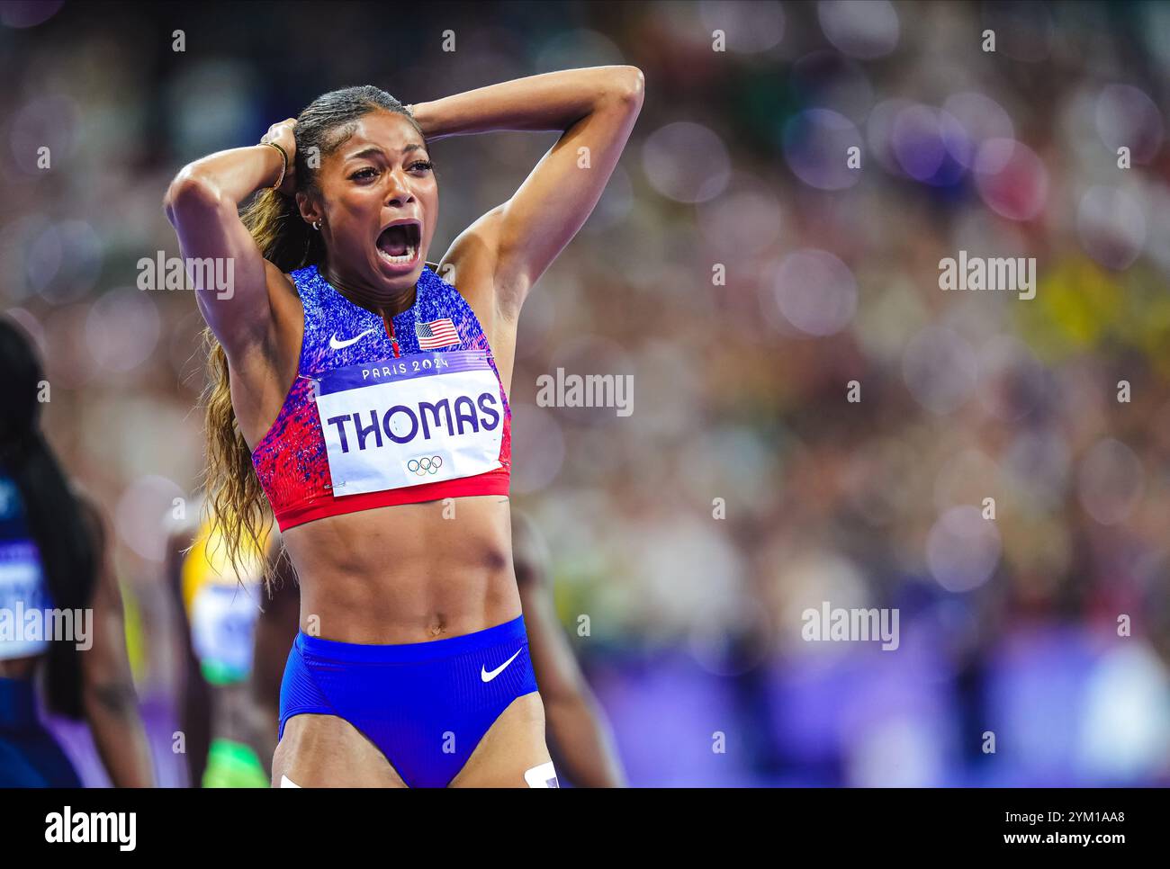 Gabrielle Thomas winning in the 200 meters relay at the Paris 2024 ...