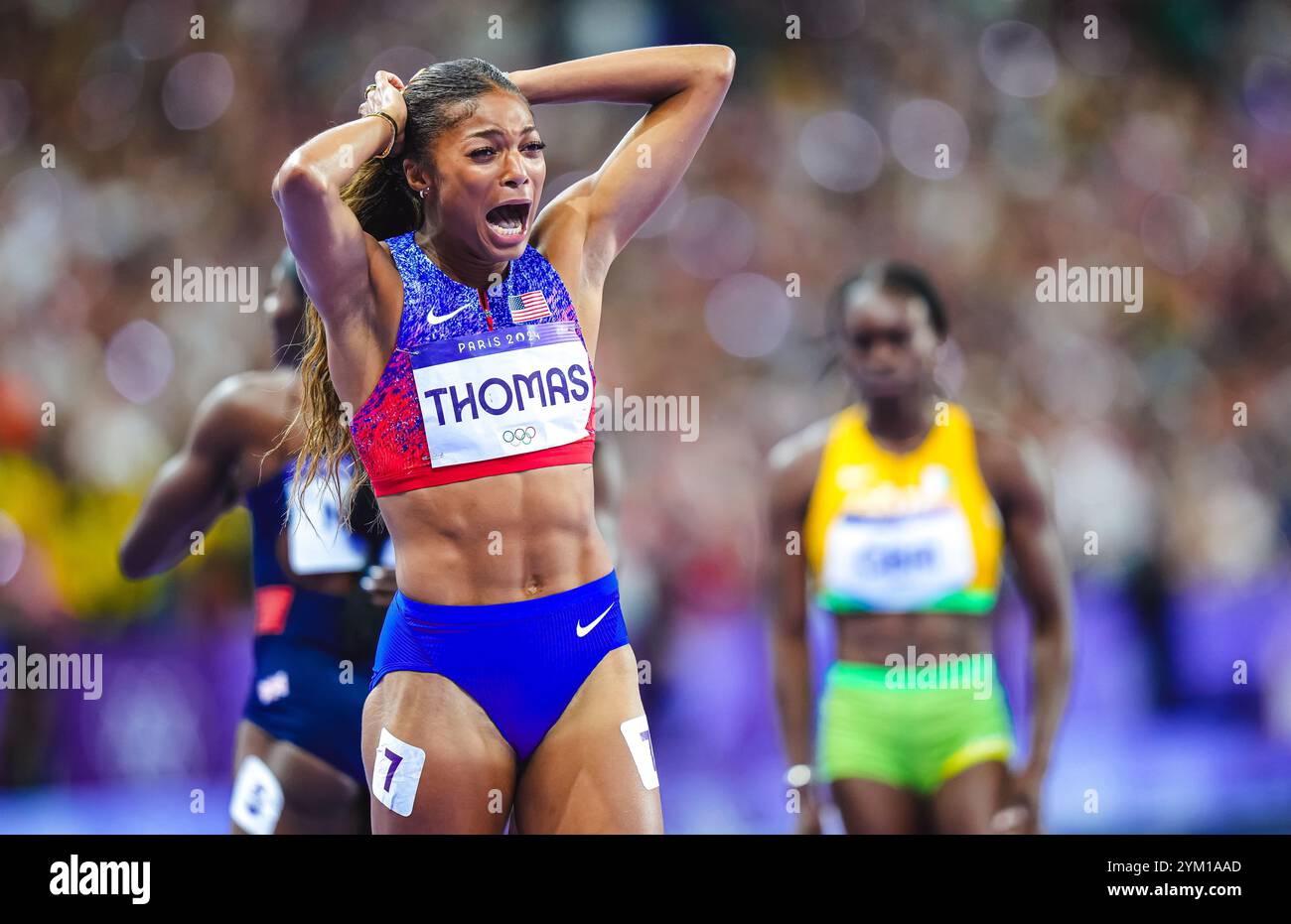 Gabrielle Thomas winning in the 200 meters relay at the Paris 2024 ...